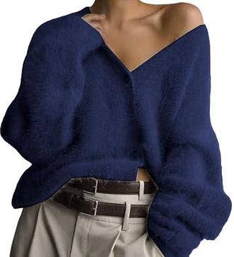Generic Cardigan en Fourrure pour Femme, Pull Ample et Moelleux, avec Boutons, col en V, pour Le Printemps