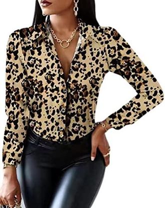 Onsoyours Chemisier Femme Chic et Élégant Manches Longues Col en V Imprimé Chemise Blouse pour Femme A Kaki Léopard L