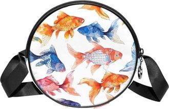 Generic Sac &agrave; bandouli&egrave;re rond pour femme, petit sac &agrave; bandouli&egrave;re motif poisson dessin&eacute; &agrave; la main avec fermeture &eacute;clair, bretelles r&eacute;glables, sac &agrave; main rond