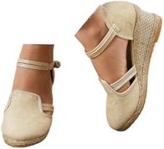 Generic Espadrilles compens&eacute;es pour femme en maille respirante &agrave; bout ferm&eacute; Chaussures dos nu Chaussures plates tendance avec sangle de cheville, E beige., 38
