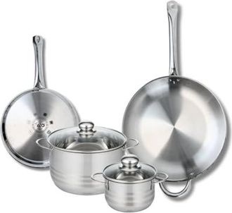 Fackelmann ELO 9879350 Batterie de cuisine 4 pièces, Ensemble de 2 Poêles de cuisson 24 et 32 cm et 2 faitouts 14 et 20 cm Elo Profi Brillant, inox, induction