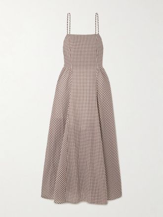 Possé Callie Midikleid Aus Baumwoll-voile Mit Gingham-karomuster Und Falten - Braun