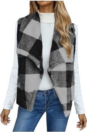 Generic Vestes pour femmes 2026 gilet &agrave; revers imprim&eacute; &eacute;cossais veste sans manches d&eacute;contract&eacute;e chaude hiver v&ecirc;tements dext&eacute;rieur, gris, XXL