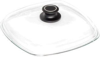 AMT Gastroguss Eckiger AMT Gastroguss Glasdeckel mit Deckelknopf und AMT-Original-Banderole, 26 x 26 cm, passend für AMT Gastroguss Produkte (Eckpfannen), AMZN-E26-Z