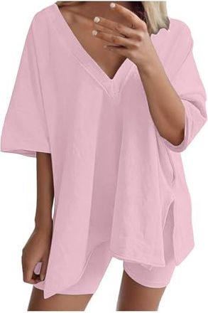 Generico Oversize T-shirt long d&eacute;contract&eacute; avec col en V et tuniques avec ouvertures pour femme, Ros&eacute;, XXL