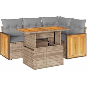 vidaXL 5-tlg. Garten-Sofagarnitur mit Kissen Beige Poly Rattan Akazie Vidaxl
