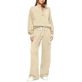 Generic V&ecirc;tements de sport 2 pi&egrave;ces pour femme - Pull &agrave; manches courtes - Pantalon large - Costume d&eacute;contract&eacute; - Ensemble de sport en polaire pour femme, kaki