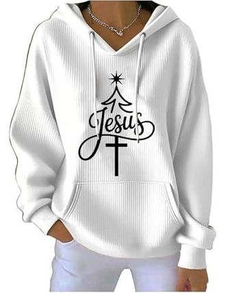 Generic Sweat à capuche décontracté imprimé foi de Noël pour femme Jésus arbre de Noël foi croix pull à capuche, blanc, 3XL