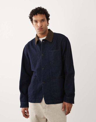 Selected Jeansjacke in Raw-Waschung mit Kontrastkragen-Blau