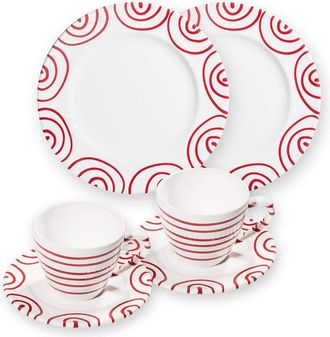 Gmundner Keramik Breakfast for two Gourmet Geschirrset Rotgeflammt Geschirr, handgemacht in Österreich