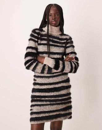 Vila Strukturiertes Mini-Strickkleid in Natur meliert mit Zebramuster-Neutral