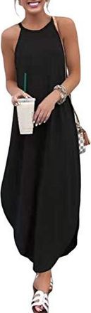 Onsoyours Robe Longue Été Chic Femme Robe Maxi Élégante Robe Soirée Asymétrique Robe Tunique Bohême Bretelles Robe Tunique Grand Taille Noir 48