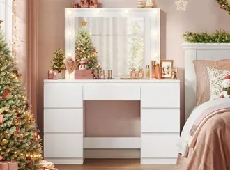 Woltu Coiffeuse avec Miroir LED à Luminosité Réglable, Table de Maquillage avec 7 Tiroirs, 110x39,5x140,5cm, Blanc, MB6099ws