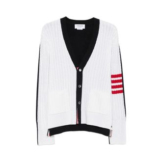 Thom Browne Homme, Pulls, Blanc, Taille: L Cardigan en maille torsad&eacute;e &agrave; col en V
