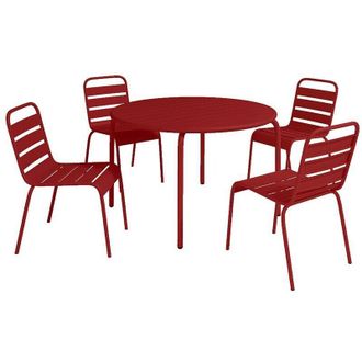 Vente-Unique Salle &agrave; manger de jardin en m&eacute;tal - une table D.110 cm et 4 chaises empilables - Rouge - MIRMANDE de MYLIA