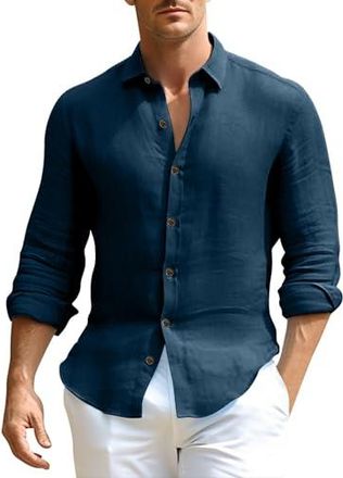 Generic Chemise formelle en lin &agrave; manches longues pour homme - Chemise boutonn&eacute;e en lin - Coupe ajust&eacute;e - Style d&eacute;contract&eacute; - Blanc - Col en V - T-shirt pour 