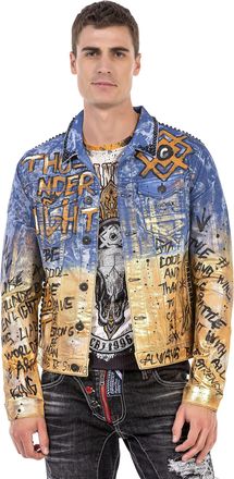 Cipo & Baxx Herren Jeansjacke CJ265 Blau-Gold - Auff&auml;llige Denim Jacke im Modernen Design mit Prints, Schriftz&uuml;gen & Nieten - Stylische &Uuml;bergangsjacke f&uuml;r Alltag,