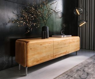 DELIFE Lowboard Shavani 175 cm Akazie Natur 2 T&uuml;ren 2 Schubladen L-Fu&szlig; Edelstahl Silber, Lowboards