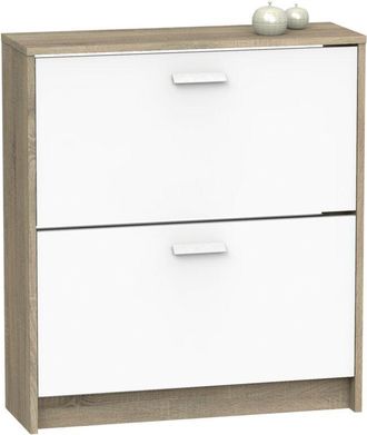 PEGANE Meuble &agrave; chaussures de 2 portes, 12 paires coloris Blanc/Ch&ecirc;ne cambrien - Longueur 74 x Profondeur 25 x Hauteur 82 cm