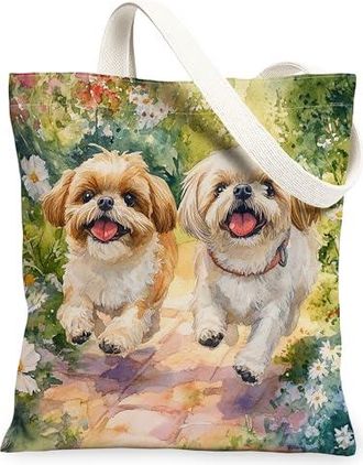 Generic Spring Shih Tzu Sac fourre-tout en toile pour faire du shopping 33 x 38,1 cm, sac &agrave; bandouli&egrave;re r&eacute;utilisable pour femme, peinture pour animaux domesti