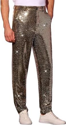 Generic Pantalon &agrave; paillettes pour homme - Argent&eacute; m&eacute;tallis&eacute; - Pantalon disco brillant - Pantalon de f&ecirc;te - Pantalon de jogging brillant - Pantalon de soir&eacute;e 