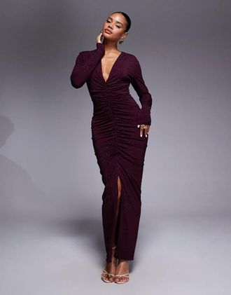 Tfnc Robe longue ornement&eacute;e &agrave; d&eacute;collet&eacute; plongeant et fente &agrave; lavant - Cerise-rose