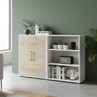 Dmora Kommode Josepha, Wohnzimmerbuffet, Wohnzimmer-Sideboard, Moderne K&uuml;chen-Speisekammer, 178x40 h113 cm, Wei&szlig; und Eiche