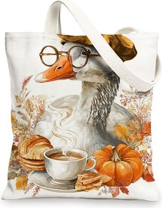 Generic Sacs fourre-tout fantaisistes en toile, charmant motif canard, sacs dépicerie réutilisables, vintage automne, léger et lavable avec bandoulière, Blanc