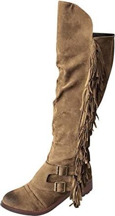 Generic cfpqv Bottes de cowboy &agrave; franges en daim pour femme - Bottes plates - Bottes de cowboy - Coupe-vent - Bottes larges - Bottes dext&eacute;rieur Chelsea - Anti
