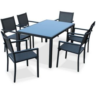 Sweeek Gartentisch Aluminium + 6 Sessel Anthrazit / Grau