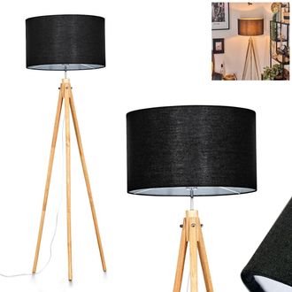 HOFSTEIN Stehleuchte Flemming, Stehlampe aus Holz/Stoff in Naturfarben/Schwarz/Wei&szlig;, Leuchte im skandinavischen Design mit rundem Schirm (&Oslash; 50 cm) u. Fu&szlig;schalt