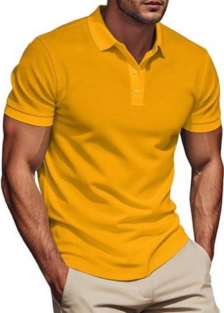 Generic Polo gaufré à manches courtes et col boutonné pour homme - Coupe ajustée, Polos jaunes pour homme, XL