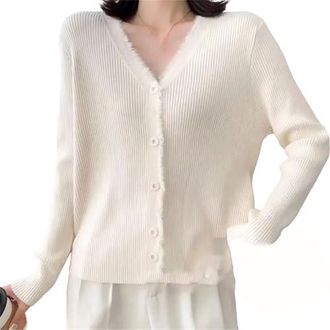 Generic Cardigan dhiver &agrave; manches longues en tricot avec col en V et boutons pour femme, blanc, Taille XS