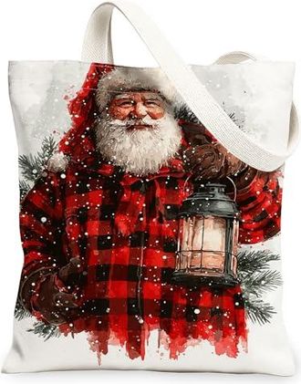 Generic Sacs fourre-tout en toile de vacances, motif P&egrave;re No&euml;l festif, sacs de courses r&eacute;utilisables, confortables pour lhiver, respectueux de lenvironnement,