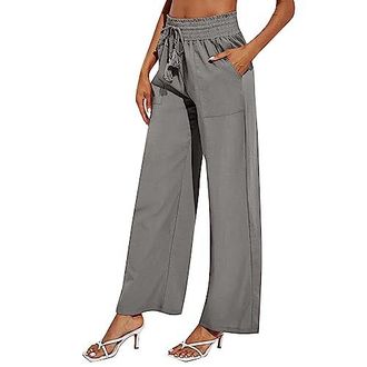 Generic Pantalon Leger Ete Femme Fluide &Eacute;t&eacute; en Lin Pantalon Femme Coton Lin D&eacute;contract&eacute; Cordon Ample Taille &Eacute;lastique Large Jambe avec Vetement Fluide L&eacute;ger (