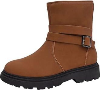 Generic Bottines larges pour femme d&eacute;contract&eacute;es et confortables - Couleur unie - Bout rond - Fermeture &eacute;clair lat&eacute;rale - Talon bas - Noir et marron, marron, 