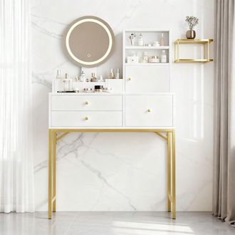 Generic Professioneller Schminktisch mit dimmbarer LED-Beleuchtung 3 Farbtemperaturen, 3 Schubladen, Türfach & übersichtlichem Stauraum in Weiß (80x134x40 cm)