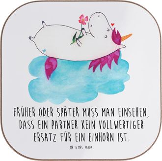 Mr. & Mrs. Panda Tassenuntersetzer Einhorn Verliebt - Geschenk, Untersetzer Glas, Wolke, Getränkeuntersetzer, Liebe, Coaster, Tischuntersetzer, Einhörner, Unicorn, für