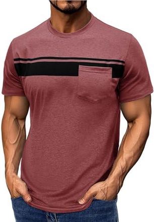 Generic T-shirt de sport décontracté à manches courtes et col rond pour homme - Léger et respirant - Avec poche - Pour le sport, la course à pied, la gym, Rou