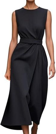Generic &Eacute;l&eacute;gante robe midi unie sans manches pour femme 2025 robe d&eacute;t&eacute; robe de m&egrave;re de No&euml;l pour femme, Noir, 4XL
