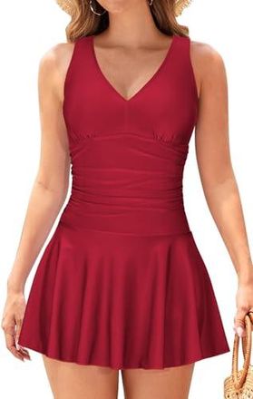 SHEKINI Maillot de Bain Une Pièce Femme avec Jupette Maillot de Bain 1 Pièce Col en V Robe Maillot de Bain Femme(S, Rouge B)