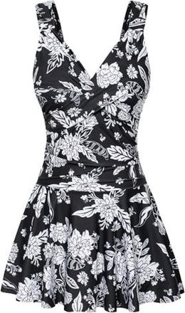 Grace Karin Maillot de bain une pi&egrave;ce pour femme - Contr&ocirc;le du ventre - Maillot de bain avec jupe, Fleur blanche sur noir, L