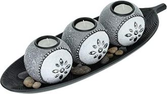Relaxdays Teelichthalter Set mit Schale & Dekosteinen, 40,5 cm lang, Tischdeko Wohnzimmer, Kerzenhalter, grau/schwarz