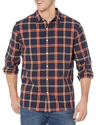 Amazon Essentials Chemise en Popeline Extensible À Manches Longues Et Coupe Standard Homme, Bleu Marine Rouge Écossais, XXL