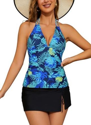 SHEKINI Tummy Control Maillot de bain 2 pi&egrave;ces pour femme avec soutien-gorge et jupe, Feuille bleu profond, XL