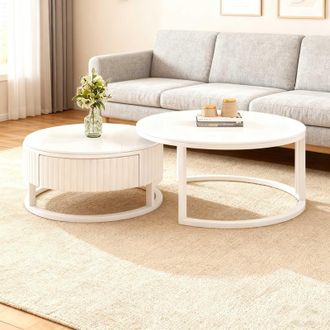 Generic Modernes 2-in-1-Rundtisch-Set Mit Schublade, Platzsparend, Flexibel, Wei&szlig;, for Wohnzimmer Und B&uuml;ro, Einfache Montage