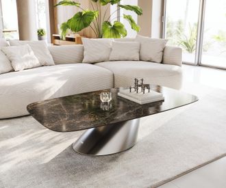 DELIFE Couchtisch Edge Boot 140x80 cm Keramik Emperador Extra Lucidato Dunkelbraun Conis Edelstahl geb&uuml;rstet, Couchtische