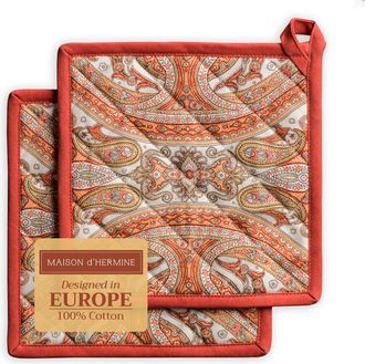 Maison d'Hermine Hotpads 100% Baumwolle Topflappen mit Schleife hitzebeständig (20cm x 20cm) Set mit 2 Topflappen zum Backen, Mikrowellengrillen, Kashmir Paisley - Ern