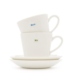 Keith Brymer Jones Word Range Espressotasse und Untertasse, Aufschrift Mr Mrs, 2 St&uuml;ck