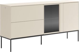 Selsey Sideboard Schwarz Einzelt&uuml;rige Kommode 166cm Lang mit Mattcreme/Laminat & Geh&auml;rtetem Glas Integriertes Eye-LED-Licht - Modernes Design mit Push-to-Ope